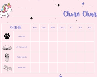 Kids Chore Chart/ Printable/ Digital Download/ Editable Template/ Girl ...