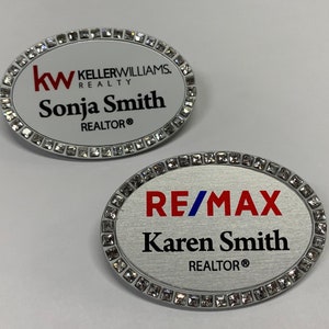 Custom OVAL BLING RHINESTONE Silver Sparkle Metal Badge Name Tag With ...