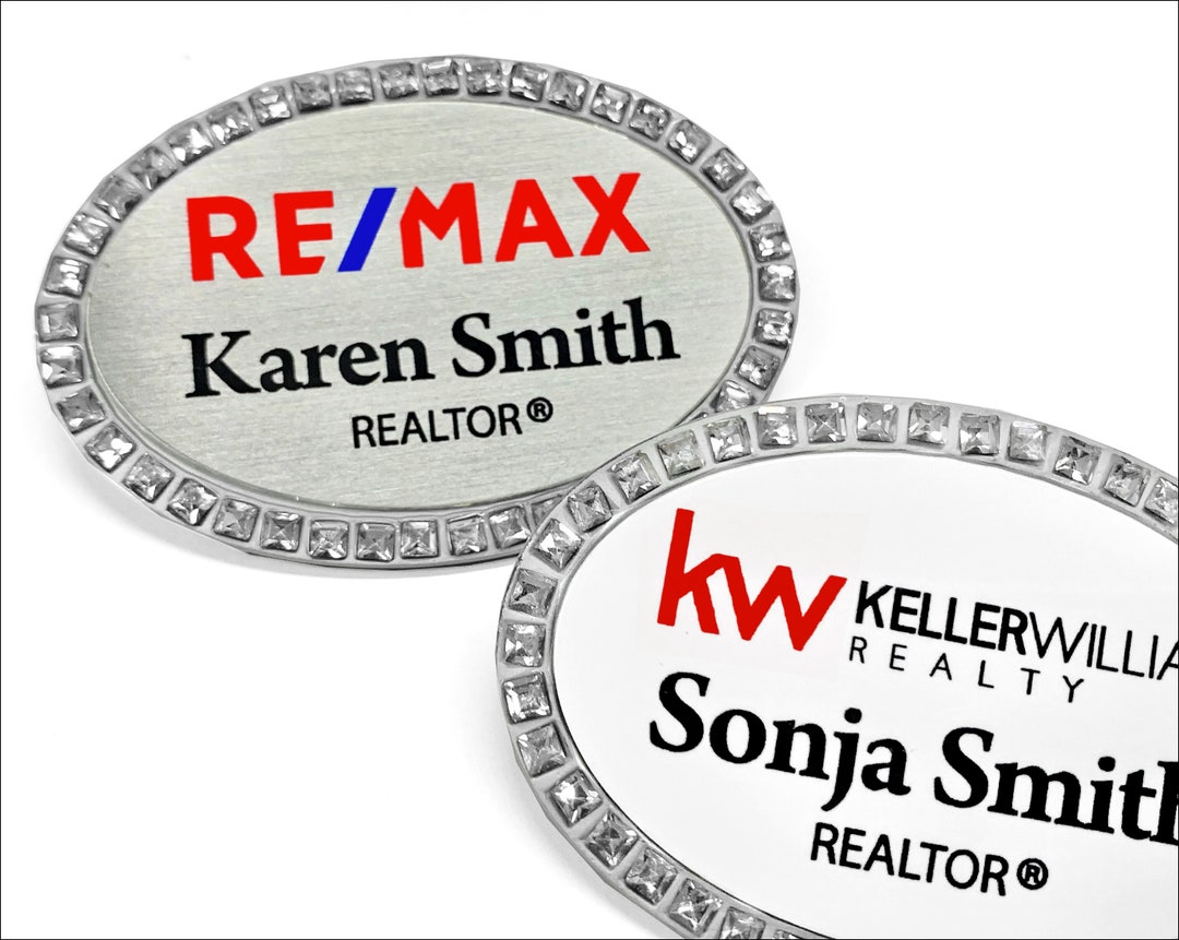 Custom OVAL BLING RHINESTONE Silver Sparkle Metal Badge Name Tag With ...