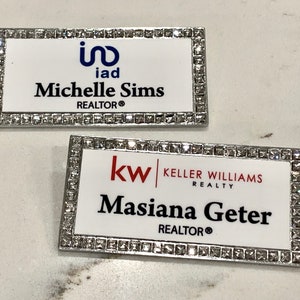 Custom BLING RHINESTONE Silver Sparkle Metal Badge Name Tag With Magnet ...