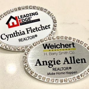 Custom OVAL BLING RHINESTONE Silver Sparkle Metal Badge Name Tag With ...