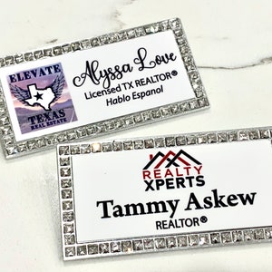 Custom BLING RHINESTONE Silver Sparkle Metal Badge Name Tag With Magnet ...