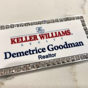 Custom BLING RHINESTONE Silver Sparkle Metal Badge Name Tag With Magnet ...