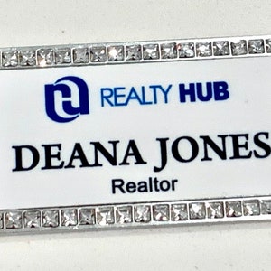 Custom BLING RHINESTONE Silver Sparkle Metal Badge Name Tag With Magnet ...