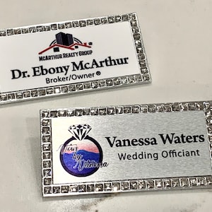 Custom BLING RHINESTONE Silver Sparkle Metal Badge Name Tag With Magnet ...