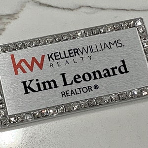Custom BLING RHINESTONE Silver Sparkle Metal Badge Name Tag With Magnet ...