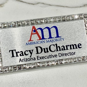 Custom BLING RHINESTONE Silver Sparkle Metal Badge Name Tag With Magnet ...