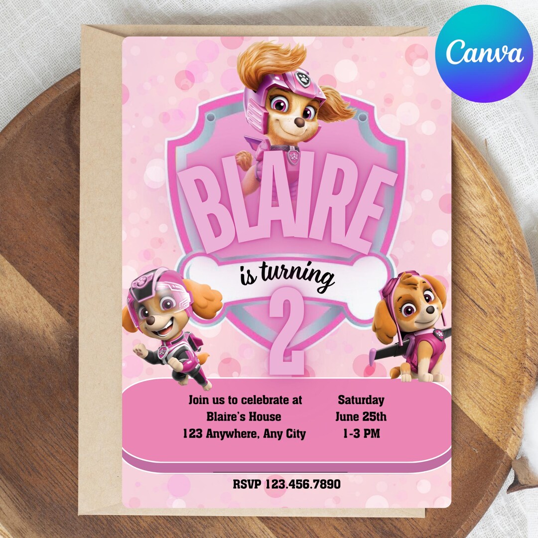 Skye Paw Patrol Birthday Invitation Digital Download - Etsy