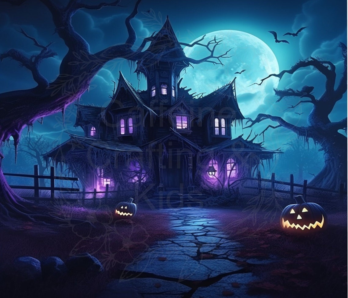 Neon Haunted Pumpkin House SVG PNG - Etsy
