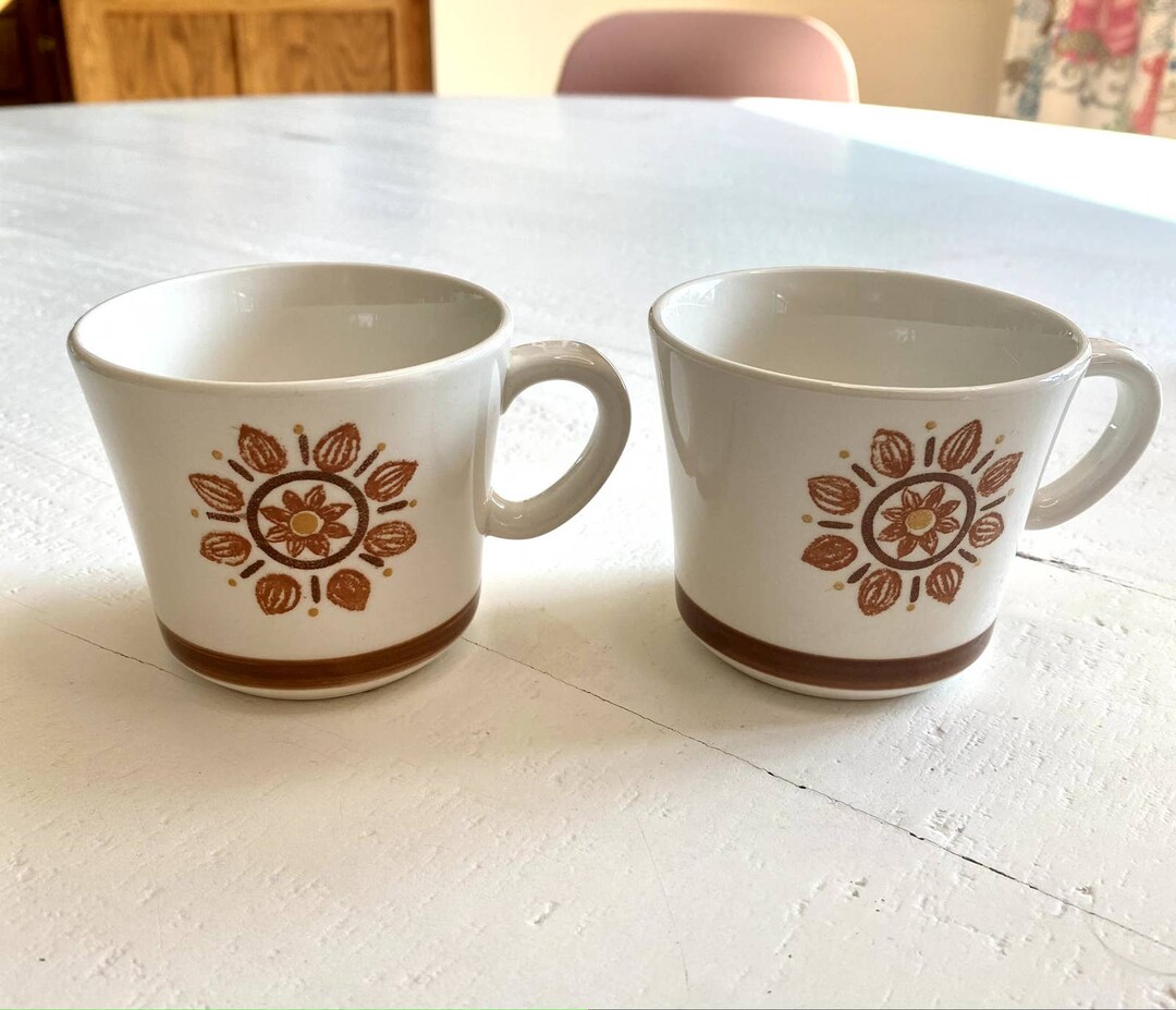 Merida Ironstone Hand-decorated Cups. White W/ Brown Floral 4214 Set of ...