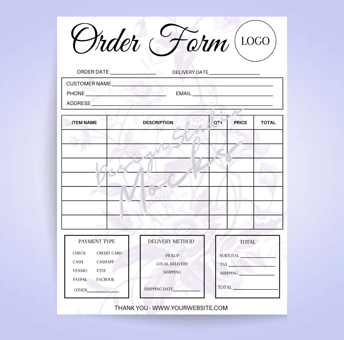 Purple Flower Order Form Editable, Small Business, Custom Order Form ...