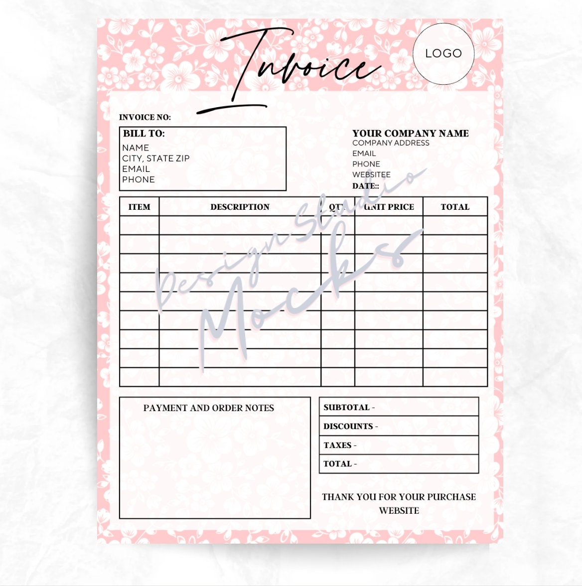 Cute Flower Editable Invoice Template , Small Business, Custom Order ...
