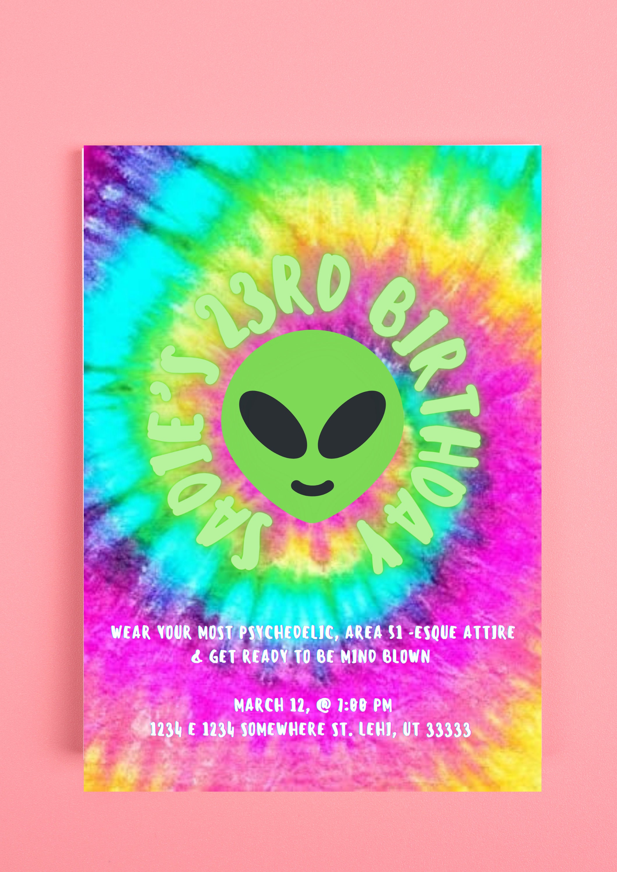 Editable Area 51 Alien Birthday Evite: Psychedelic Party Invitation ...