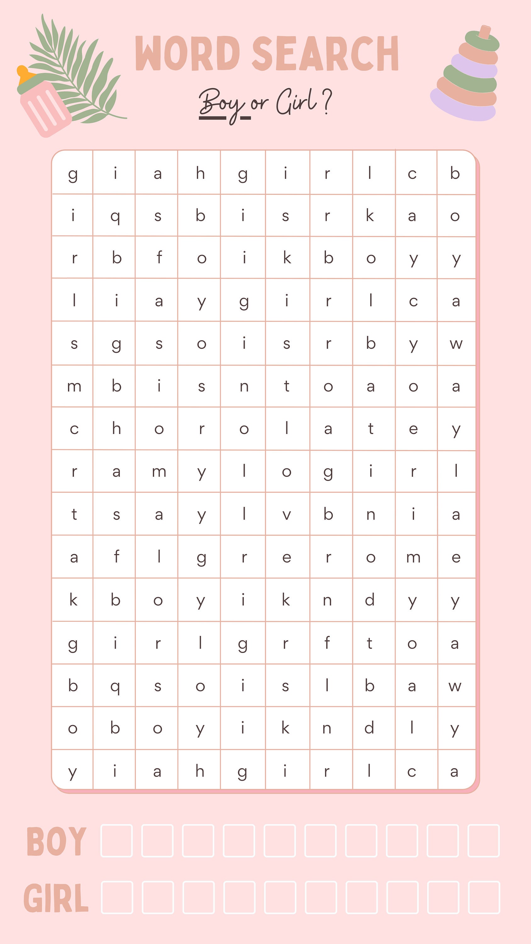 Baby Gender Reveal Word Search, Boy or Girl?, Printable, Download ...