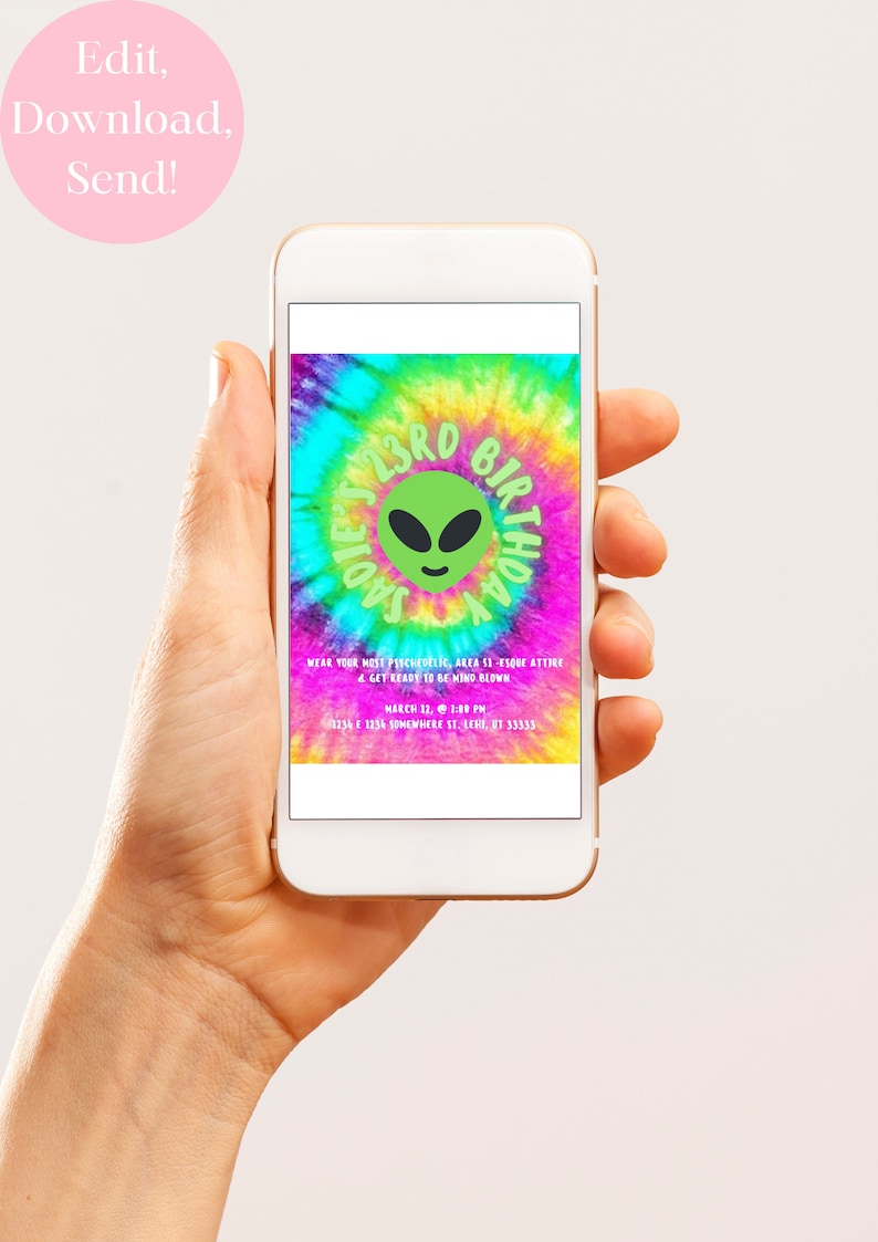 Editable Area 51 Alien Birthday Evite: Psychedelic Party Invitation ...