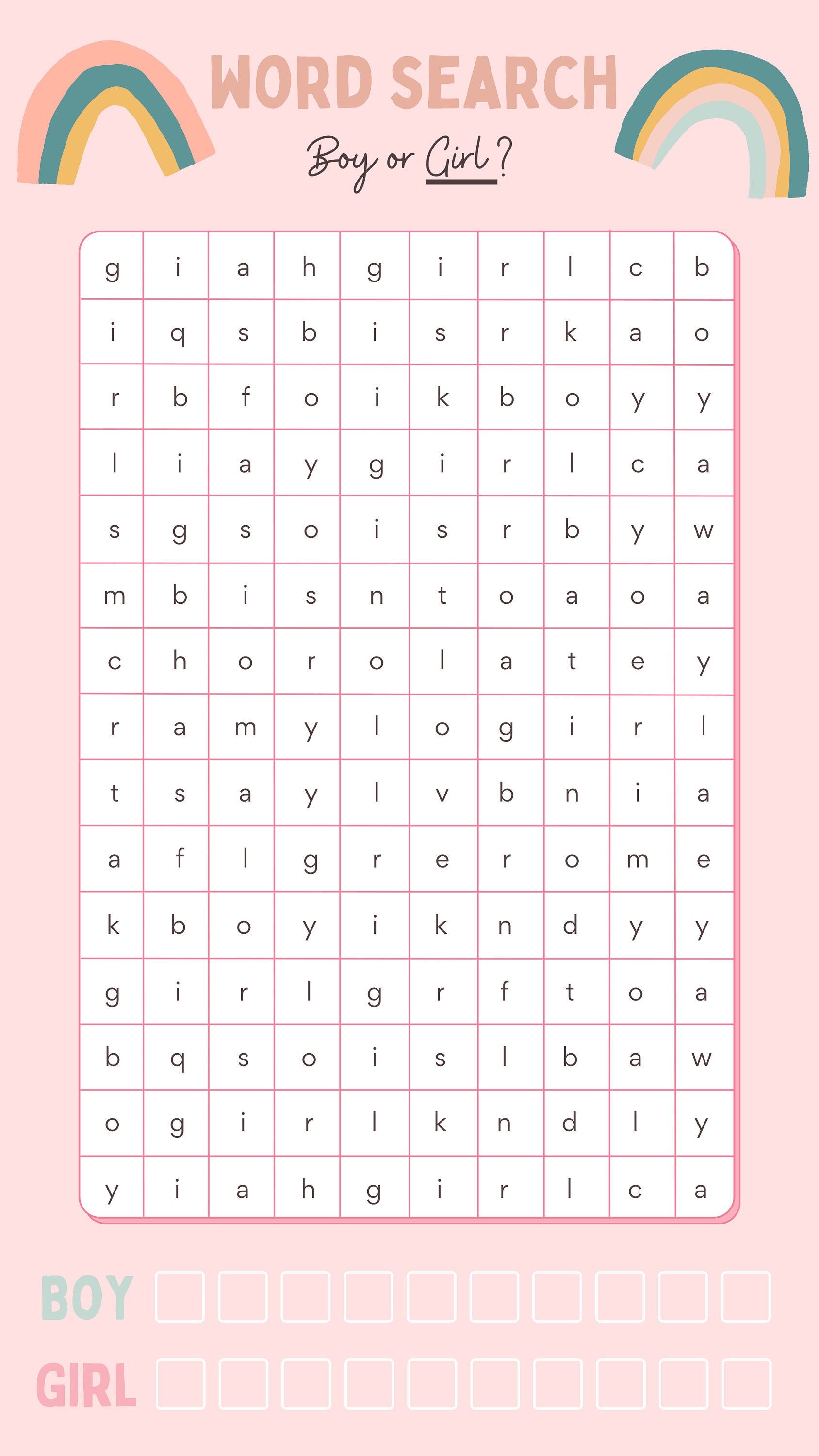 Baby Gender Reveal Word Search, Boy or Girl?, Printable, Download ...