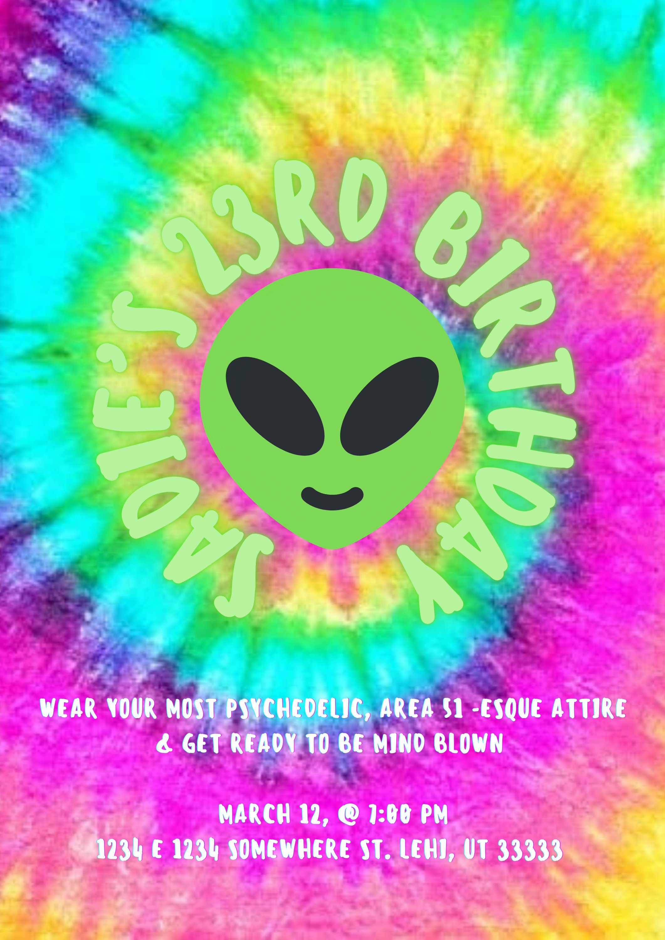 Editable Area 51 Alien Birthday Evite: Psychedelic Party Invitation ...