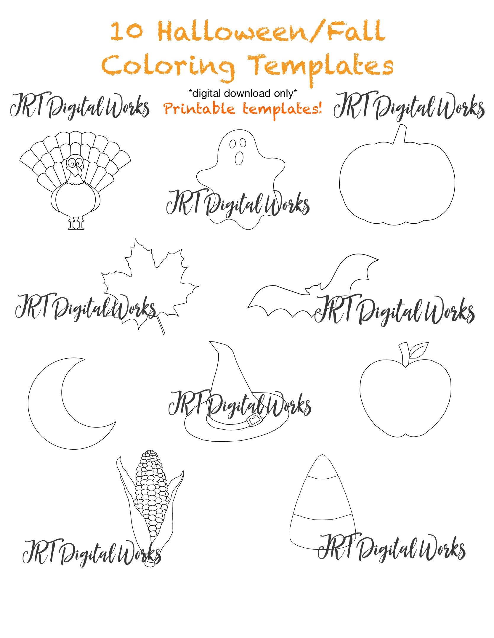 10 PRINTABLE Fall/halloween Coloring Templates DIGITAL DOWNLOAD Perfect ...
