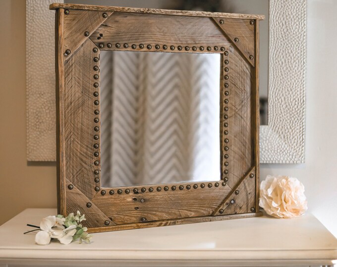 Rustic Reclaimed Wood Framed Mirror | Western Studded Mirror | Square ...