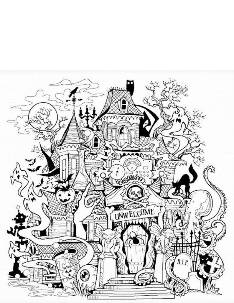 Haunted House Halloween Coloring Page, Pdf Picture, Digital, Coloring ...