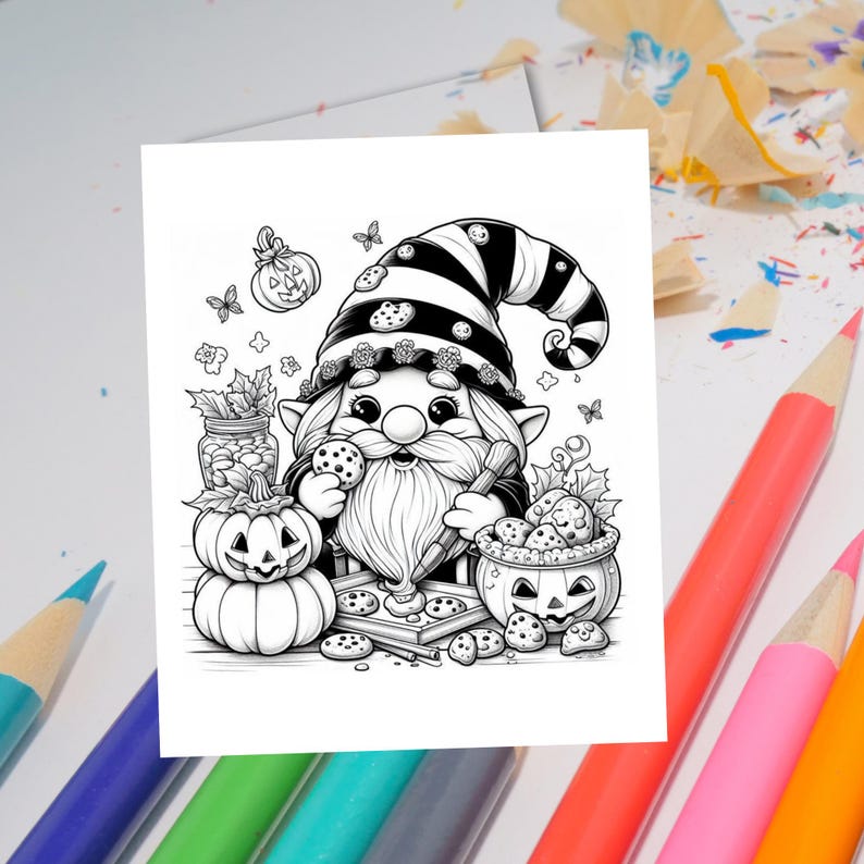 Gnome Halloween Coloring Page, Cookies, Pumpkins (PDF) - Etsy