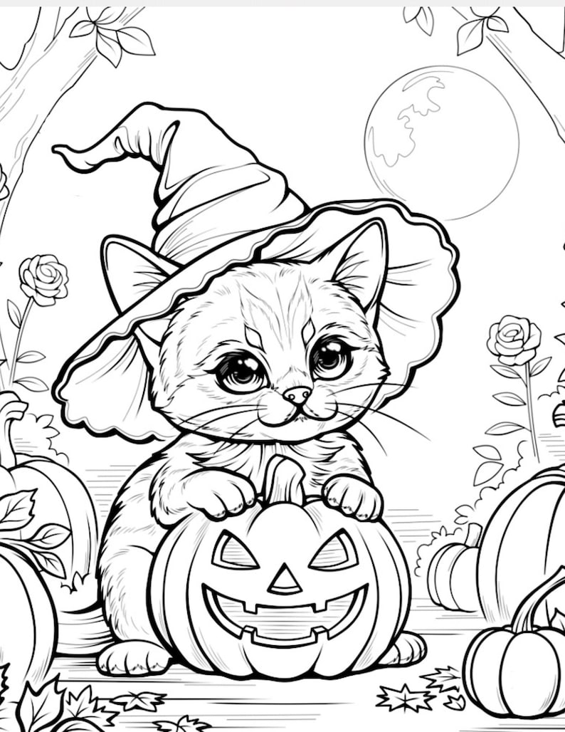 Cute Halloween Cat Coloring Page, Spooky Pumpkin Printable (PDF) - Etsy
