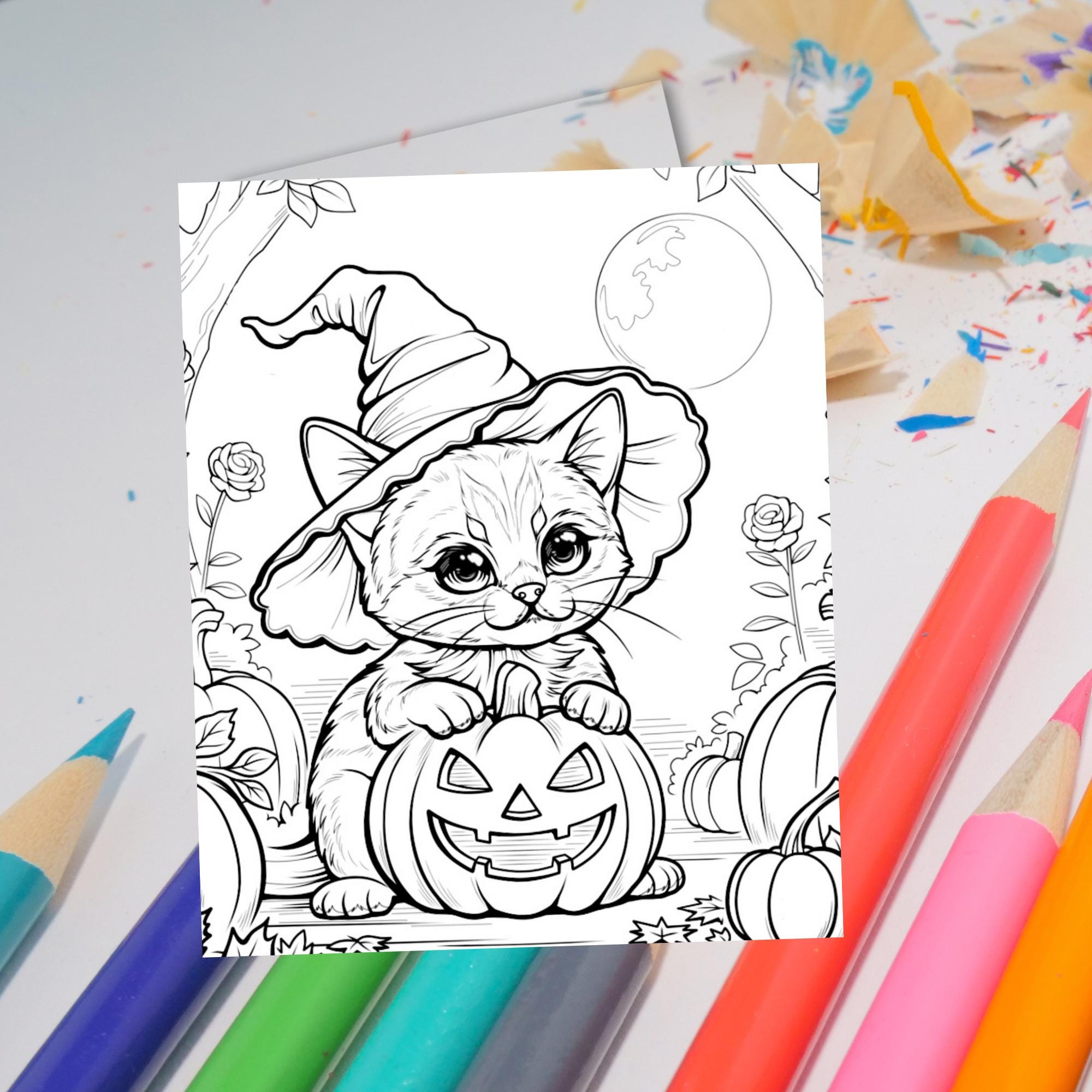 Cat Halloween Coloring Page, Pdf Picture, Digital, Coloring Page ...