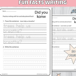Handwriting Trace Fun Facts, Printable Sentences Writing Practice ...