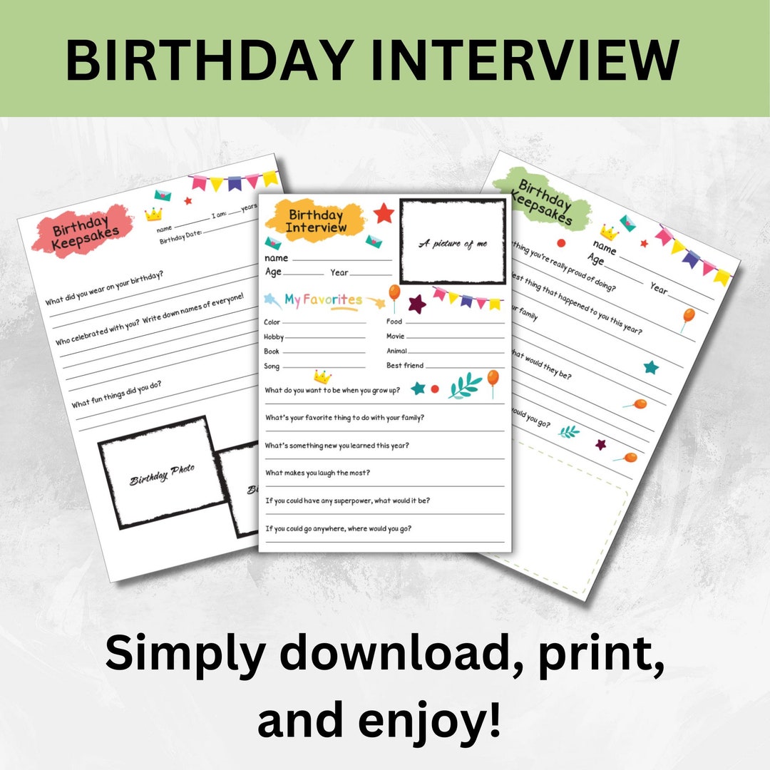 Printable Kids Birthday Interview Parent & Child Annual Interview ...