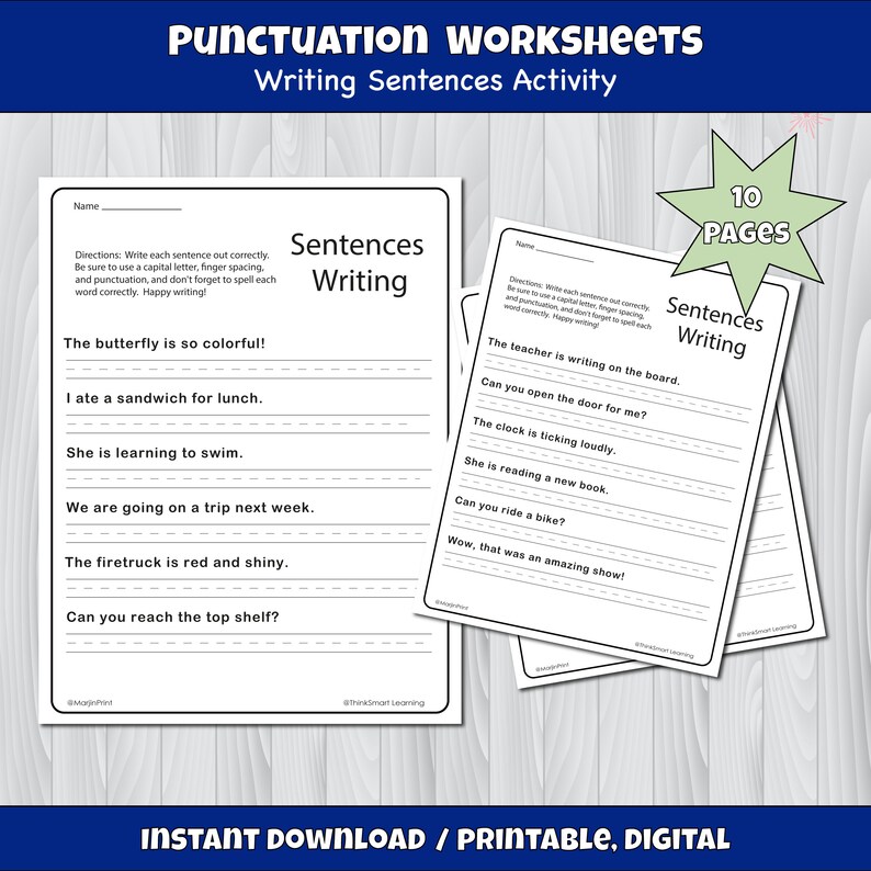 10 Sentence Writing Worksheets, Punctuation Practice Capital Letters ...