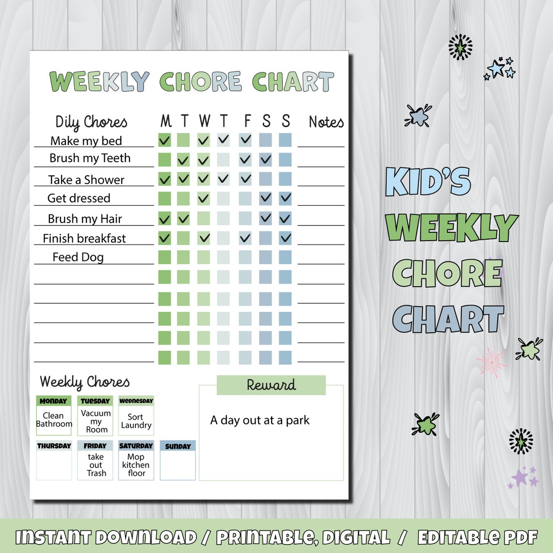 Editable Chore Chart for Kids Printable Daily Weekly Responsibility ...