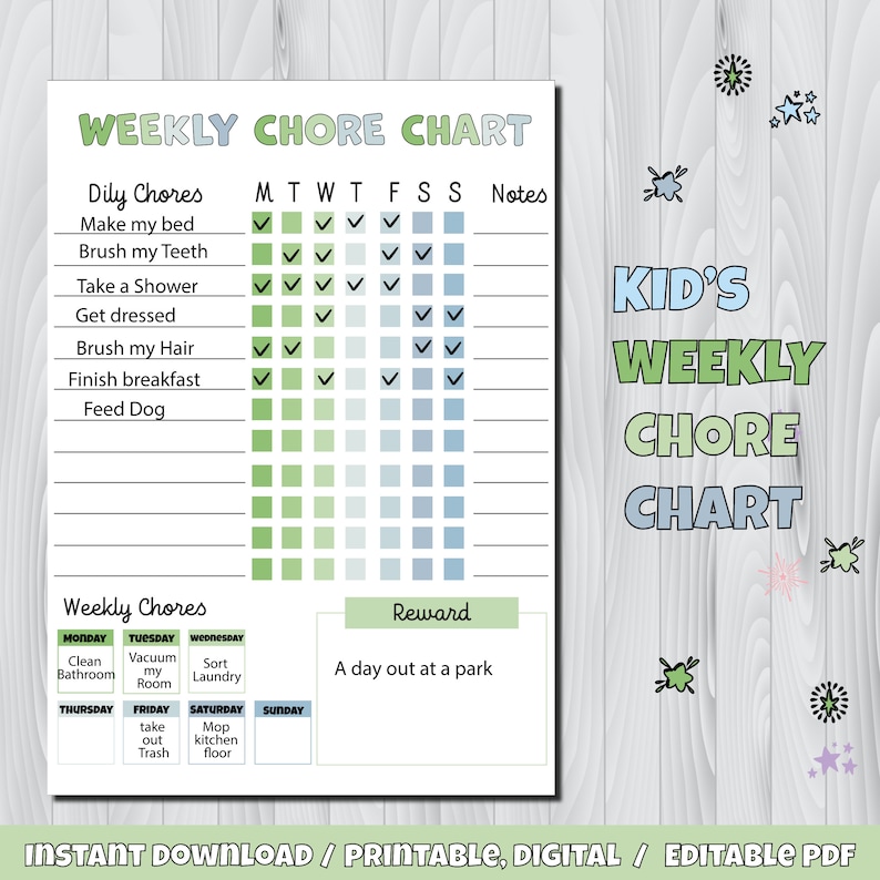 Editable Chore Chart for Kids Printable Daily Weekly Responsibility ...