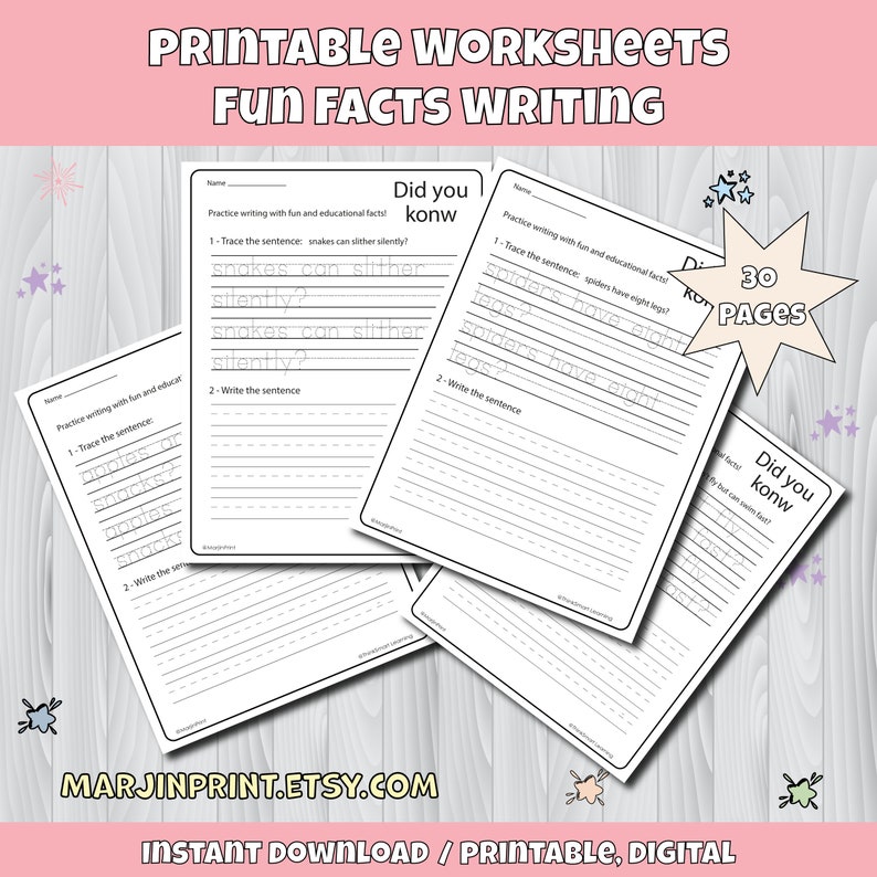 Handwriting Trace Fun Facts, Printable Sentences Writing Practice ...