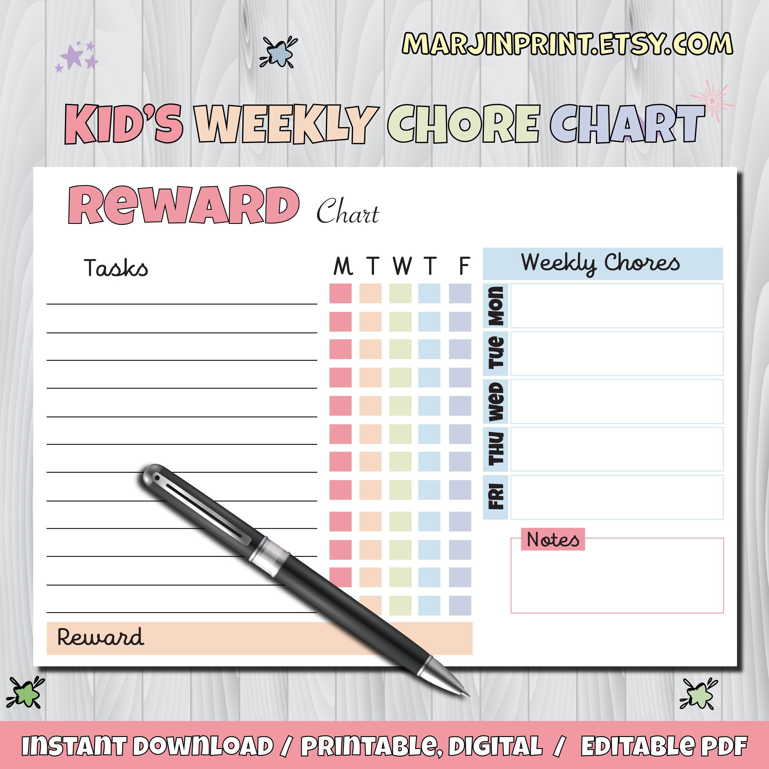 Kids Editable Chore Chart Template Printable Daily Tracker Fun ...
