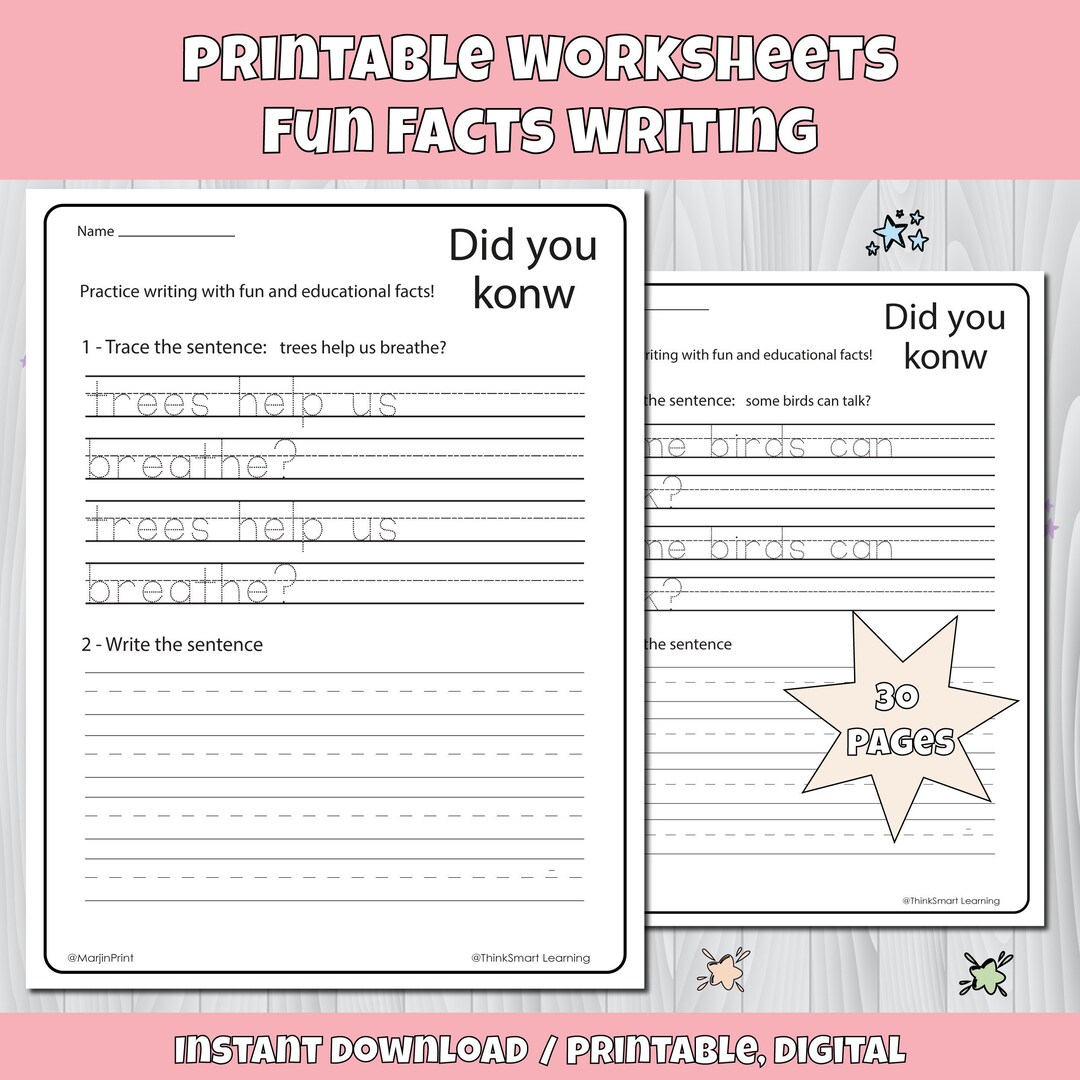 Handwriting Trace Fun Facts, Printable Sentences Writing Practice ...
