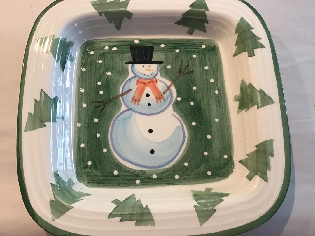 Italian Made Snowman Dish/platter With Green Trees - Etsy