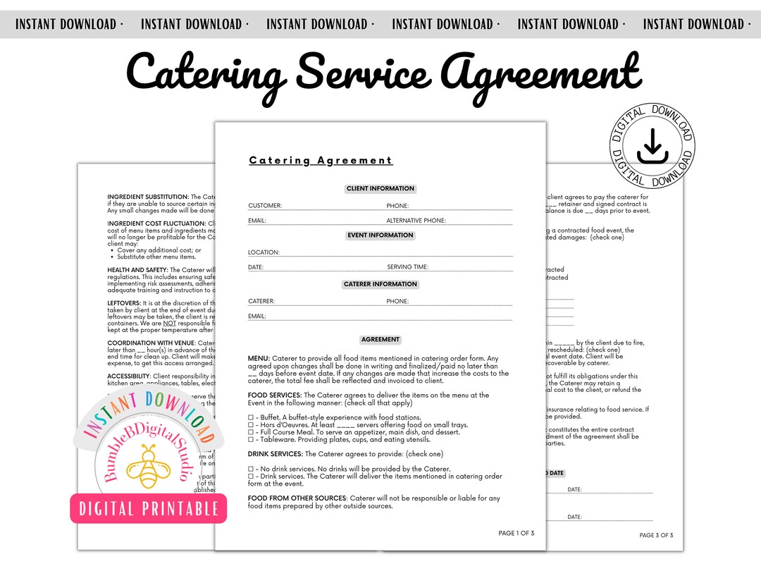 Catering Agreement, Catering Order Form, Food Contract, Catering ...