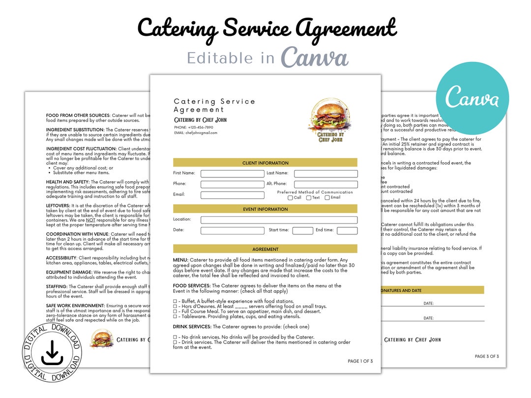 Catering Agreement, Catering Template, Contract Template, Catering ...