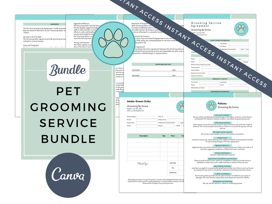 Pet Grooming Agreement Bundle, Pet Grooming Template, Dog Contract ...