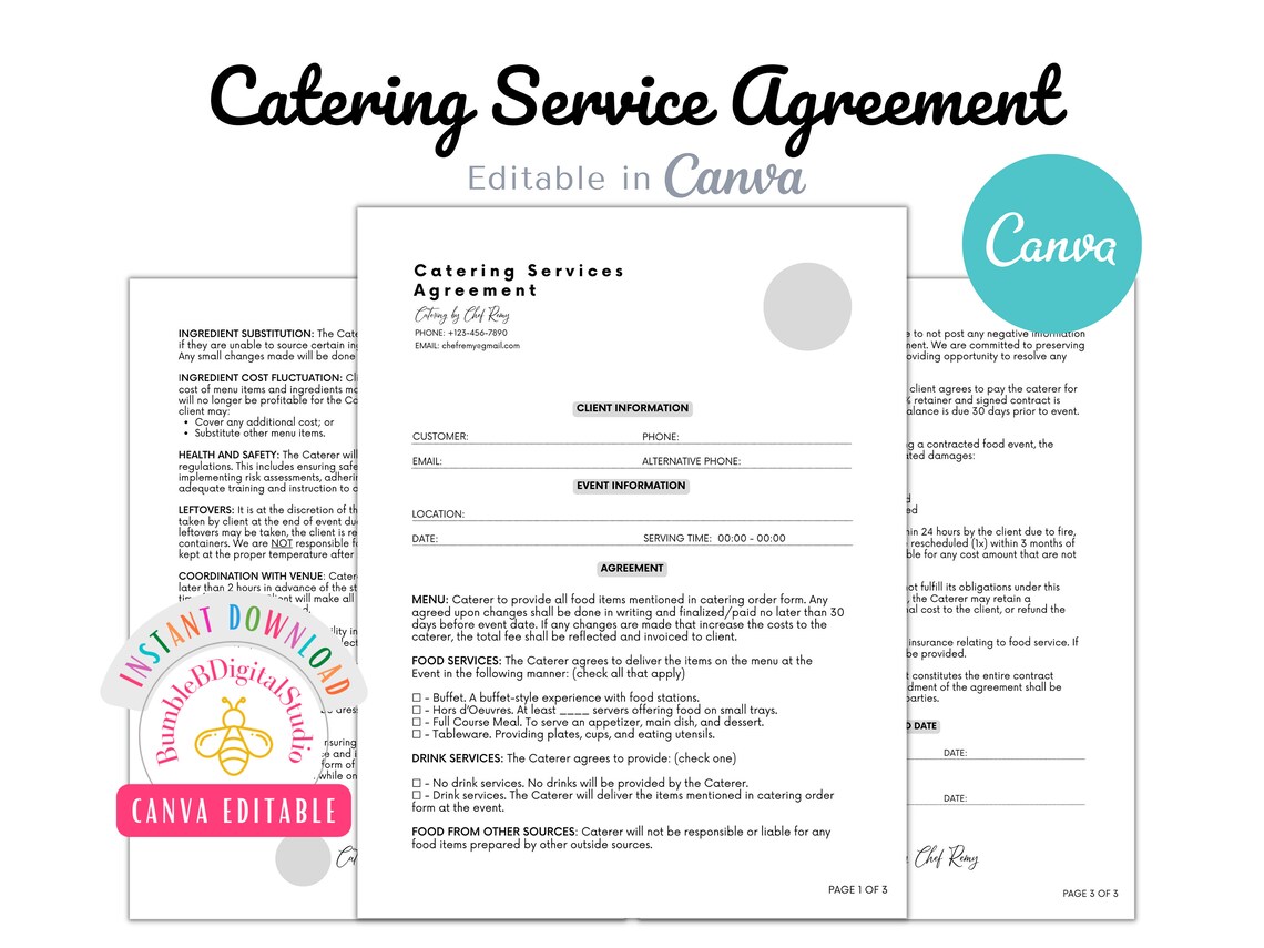 Catering Agreement, Catering Template, Contract Template, Catering ...
