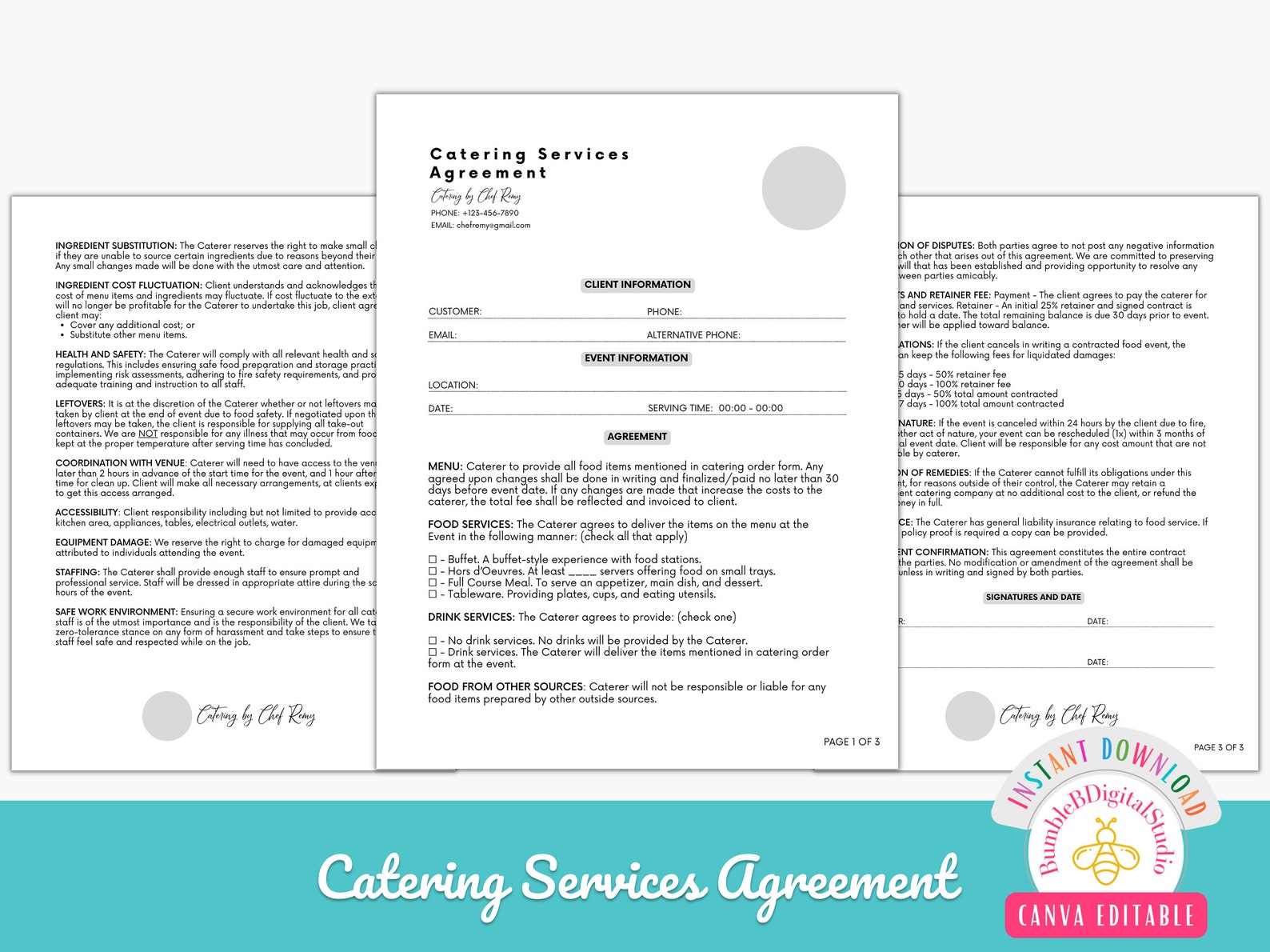Catering Agreement, Catering Template, Contract Template, Catering ...