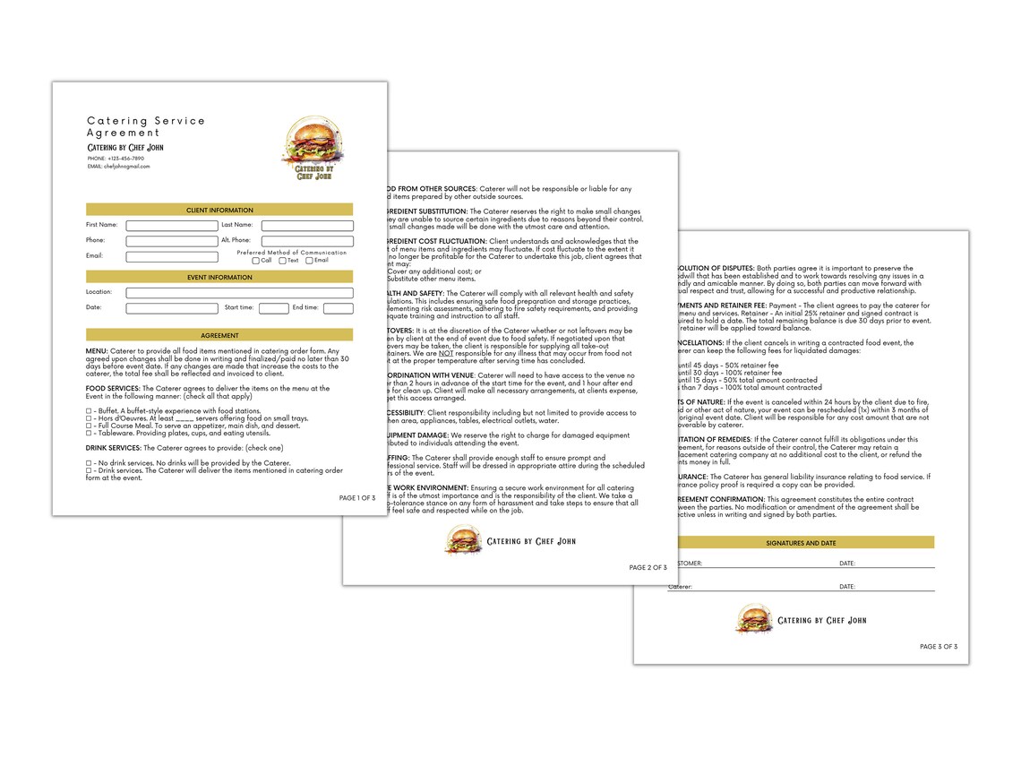 Catering Agreement, Catering Template, Contract Template, Catering ...