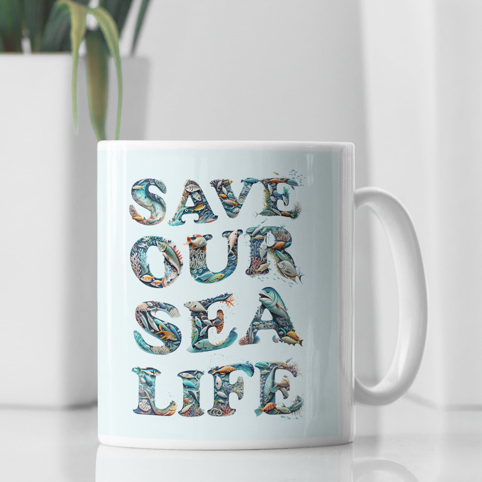 Save Our Sea Life Mug, Eco Message Mug, Pleasing Design, Gift for the ...