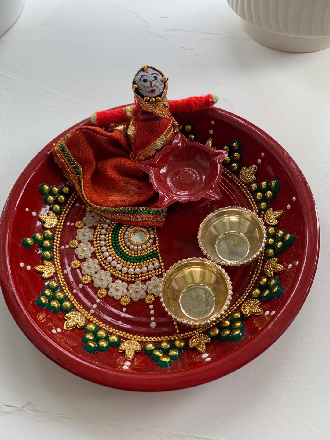 Karwachauth Pooja Thali Plate Veero Kudi Suhaagan Shagun Festive Hindu ...