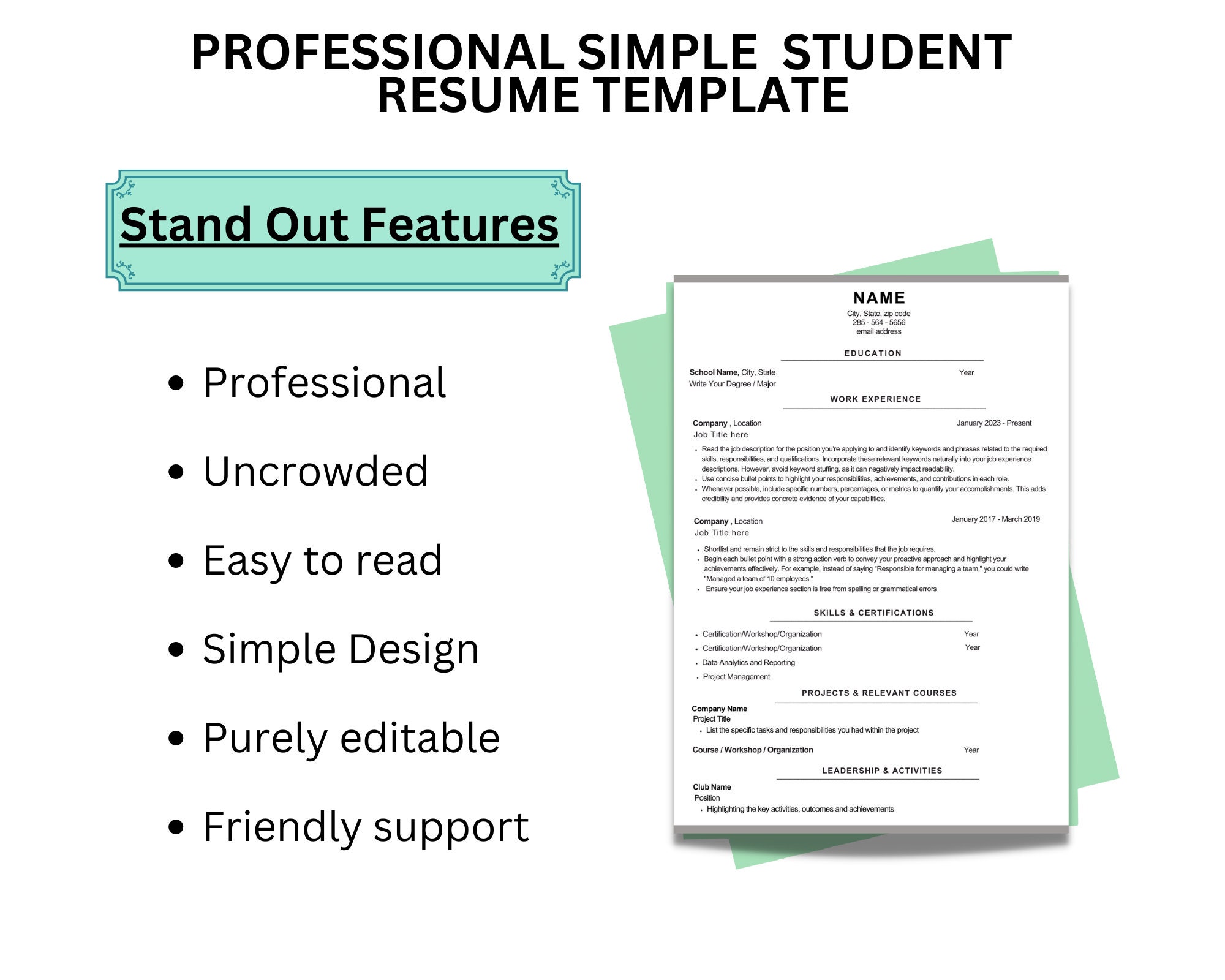 Student Resume Template, Clean & Professional Resume Template, College ...