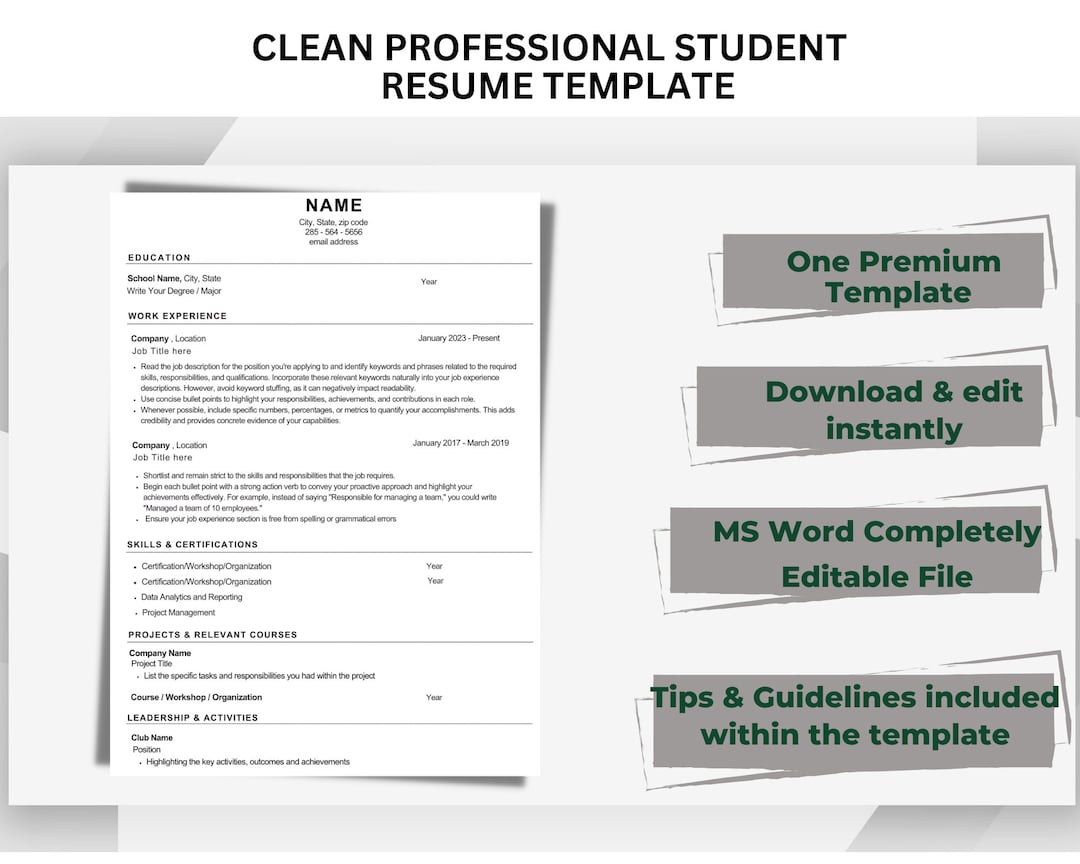 Student Resume Template, Clean & Professional Resume Template, College ...