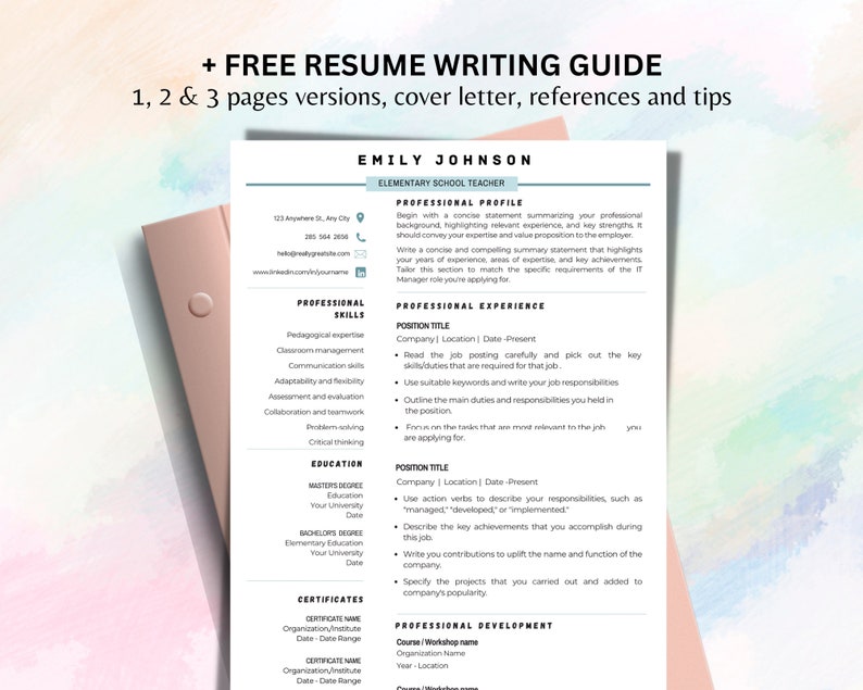 Teacher Resume Template for Word, 1,2,3 Pages Resume Template, ATS ...