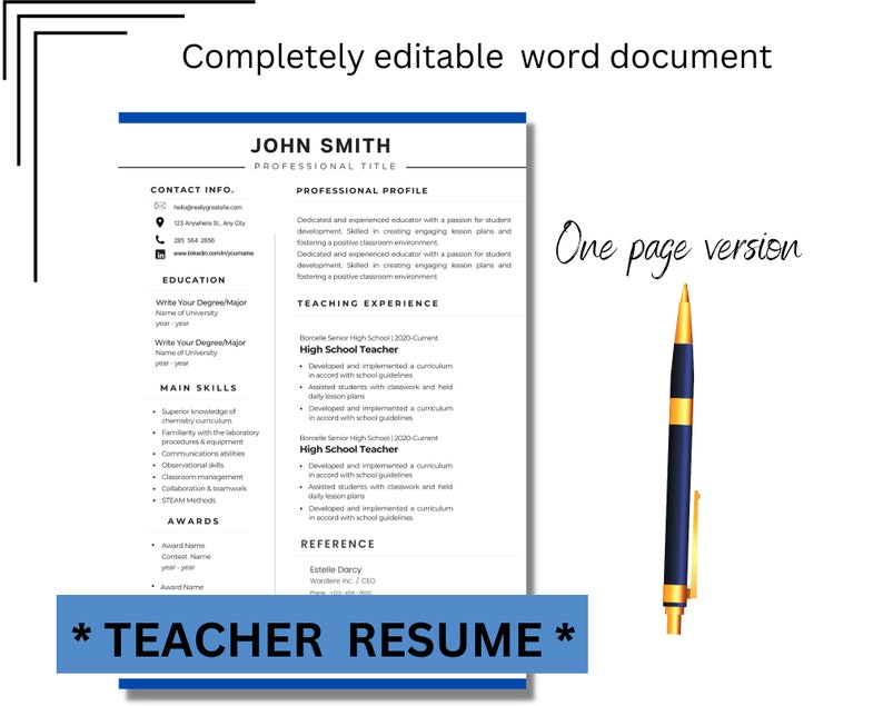 Modern Teacher Resume Template, Teacher Resume Template With Cover ...