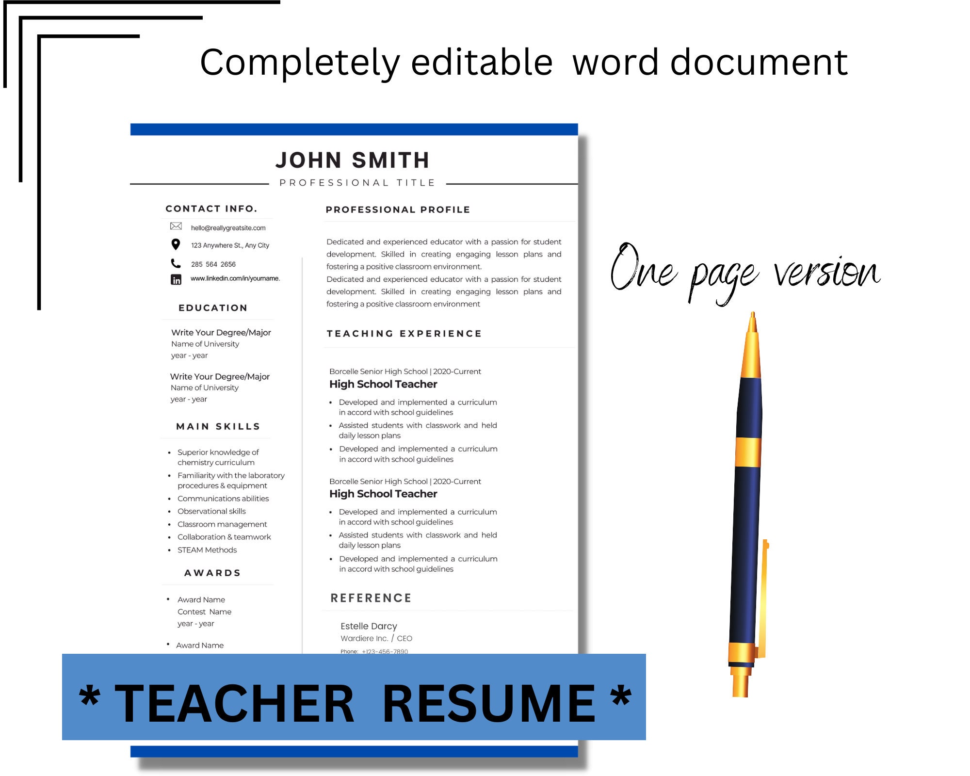 Modern Teacher Resume Template, Teacher Resume Template With Cover ...