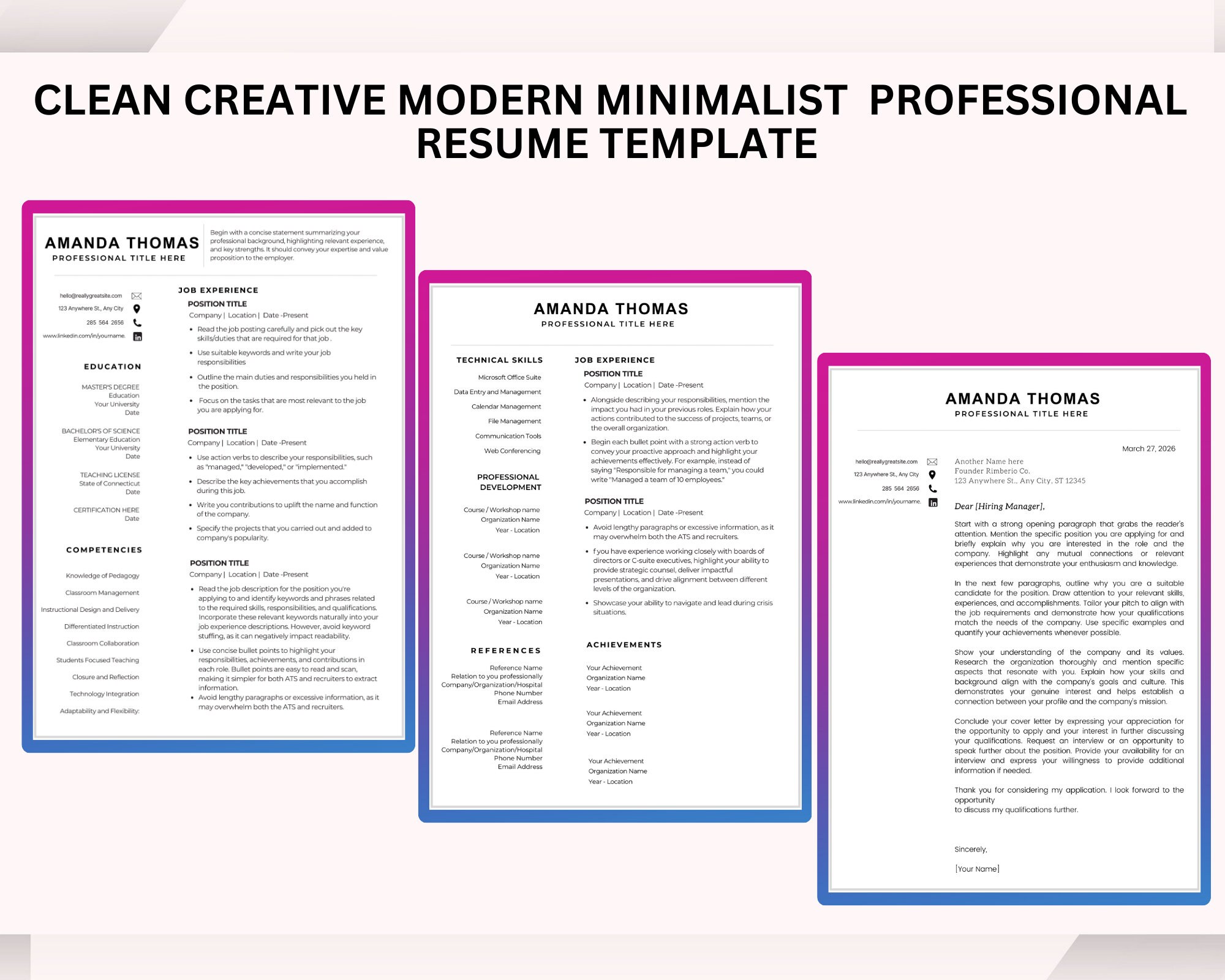 Modern Clean CV Template for Word, Minimalist Mac & PC Resume, Simple ...